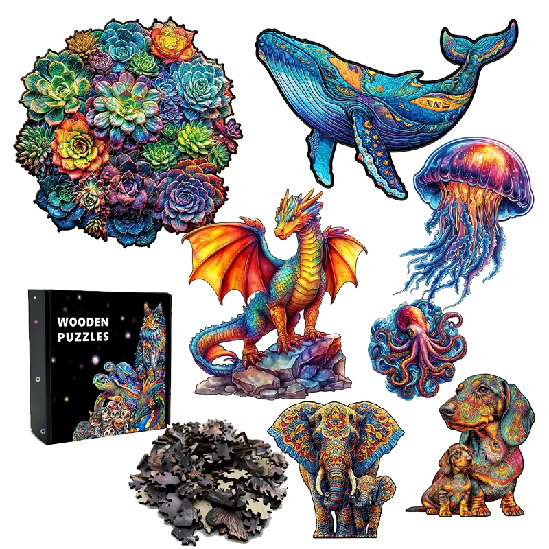 Irregular animal shaped wooden puzzle Colorful succulent wooden puzzle ...