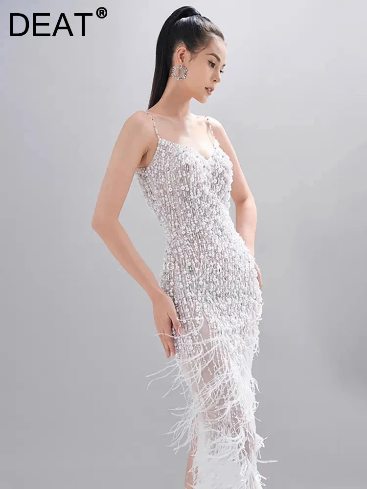 DEAT-Elegant-Dress-Strapless-Nail-Bead-Rhinestone-Feather-Translucent ...