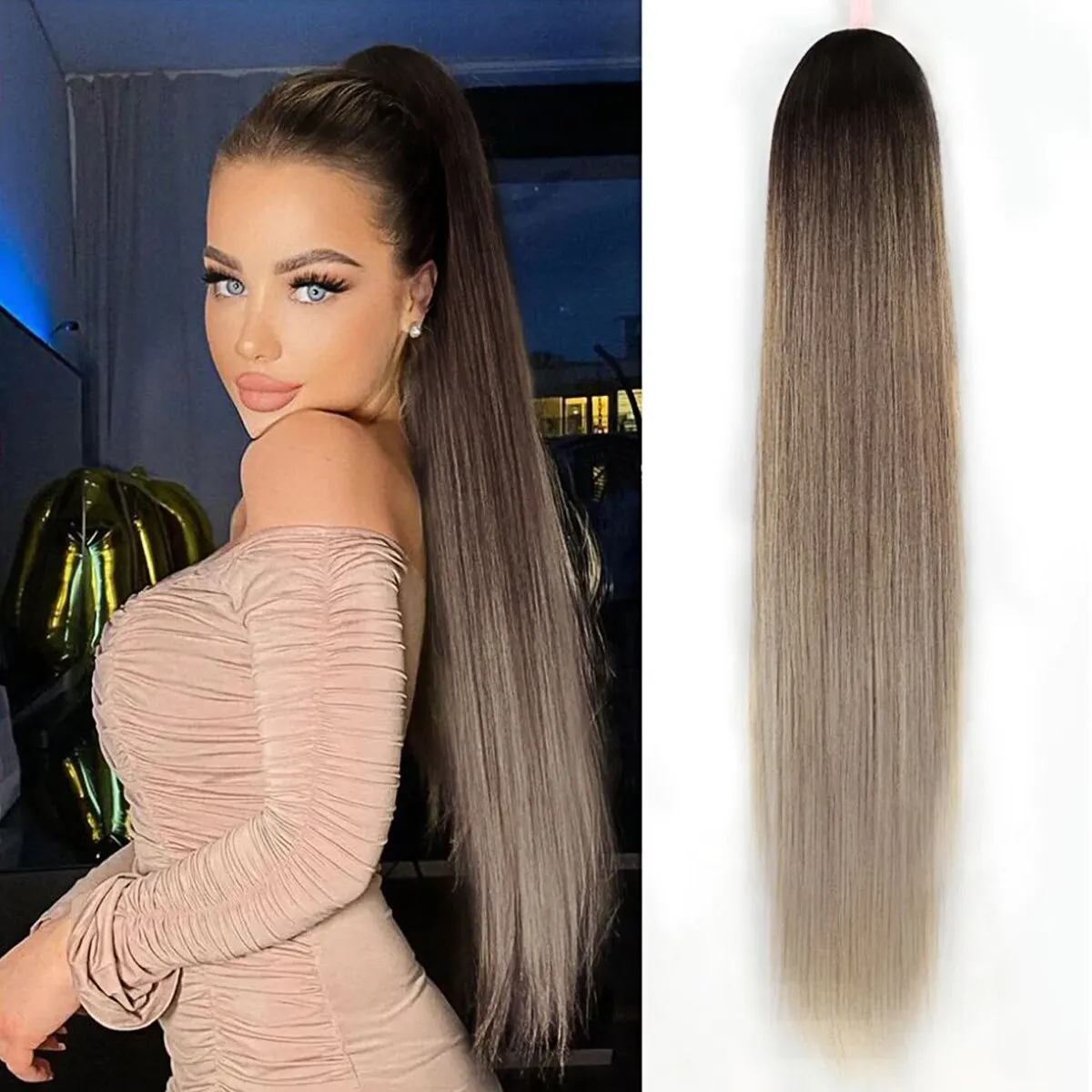 Straight-Long-Ponytail-Hair-Extension-Clip-in-Synthetic-Drawstring ...