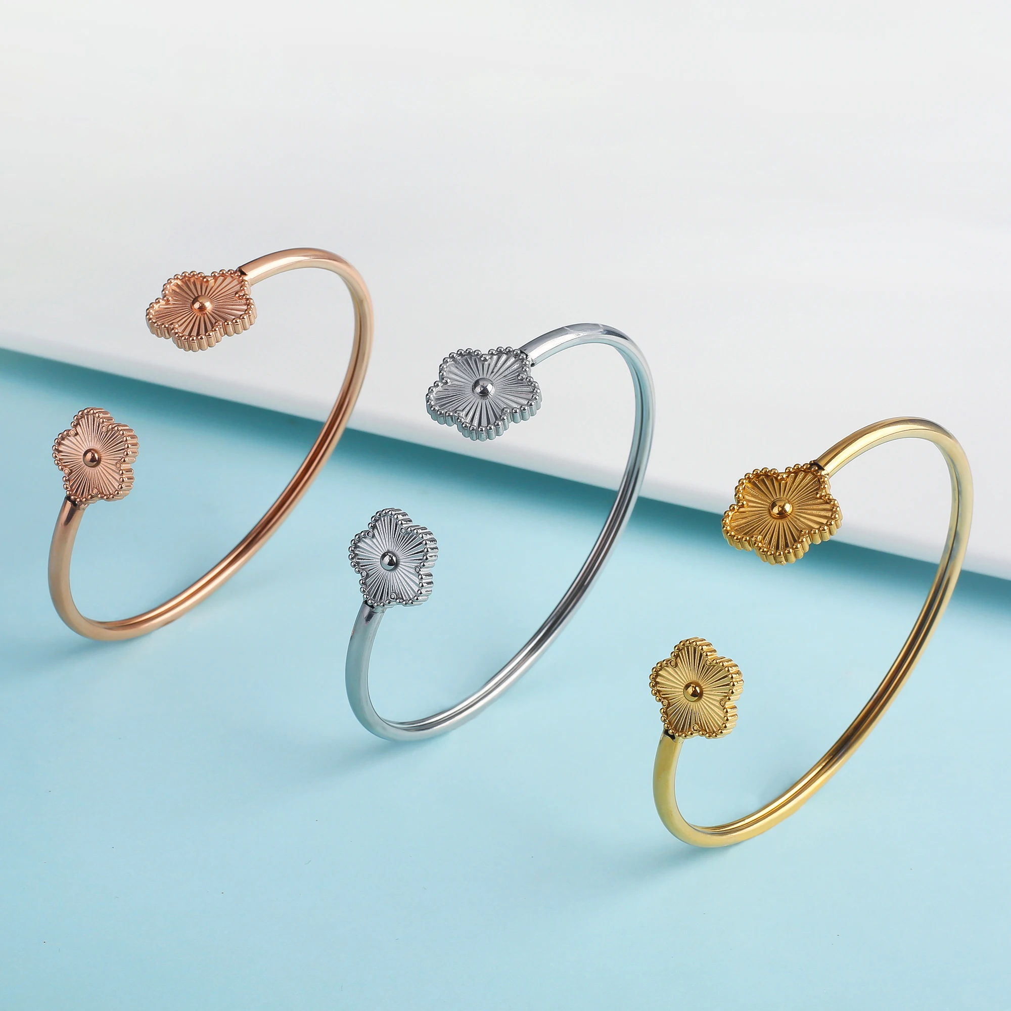 Classic Stainless Steel Metal Flower Charm Bracelet for Women Simple ...