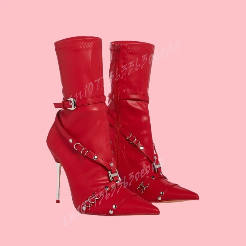 Botines-rojos-de-tac-n-de-Metal-con-tiras-Para-mujer-Zapatos ...