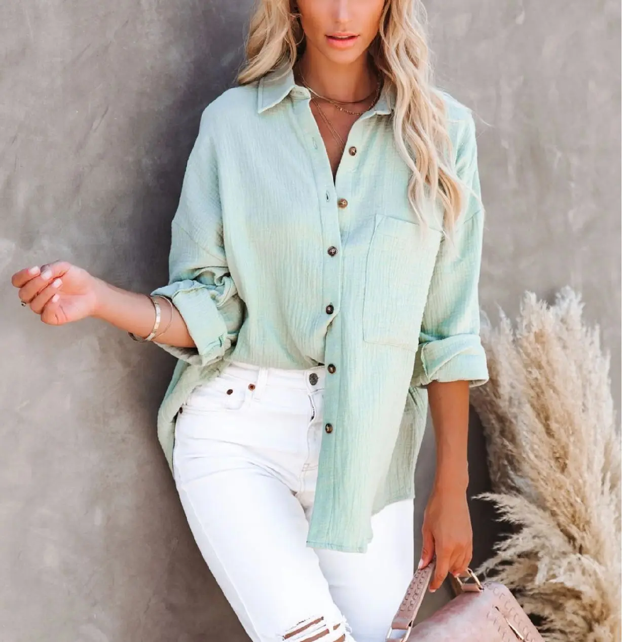 Women's Long Sleeve Collared Button Down Work Shirts Ladies Tops Casual ...