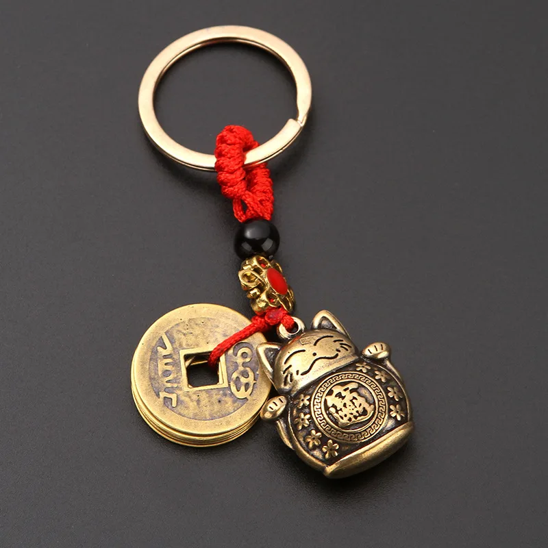Pure-Handmade-Brass-Antique-Chinese-Coin-Car-Keychain-Lucky-Cat-Five ...