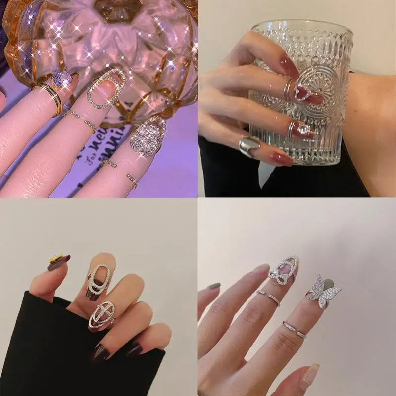 Acrylic Nails With Rhinestones On Ring Finger