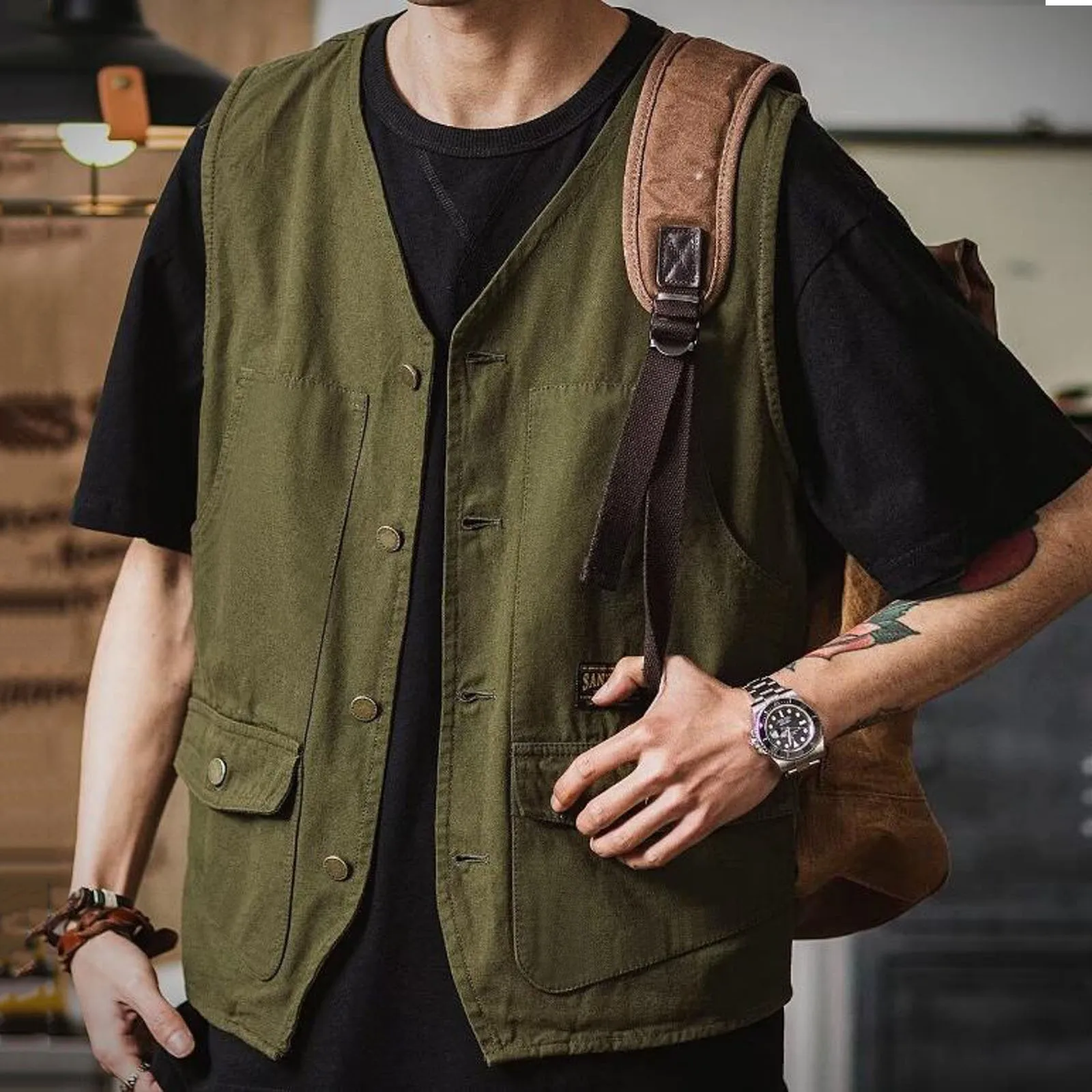Army-Green-Mens-Summer-Tooling-Vest-Button-Sleeveless-Cargo-Vest ...