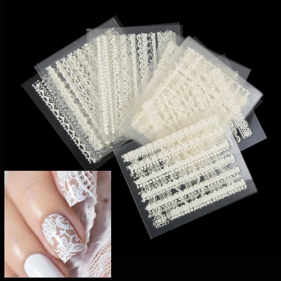 30Pcs-White-Lace-Nail-Stickers-with-Floral-Designs-3D-Nail-Decals-for ...