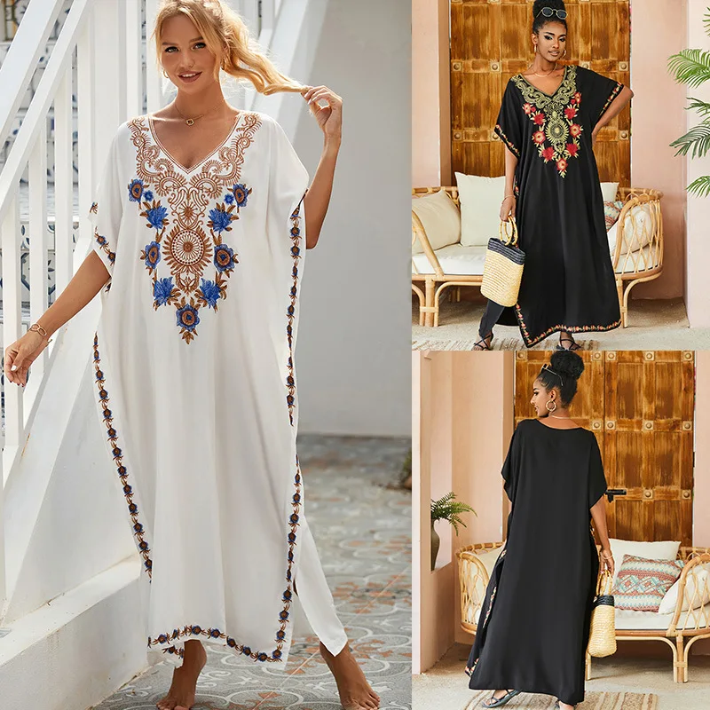 European-and-American-Rayon-V-neck-Embroidered-Long-Dresses-Beach-Cover ...