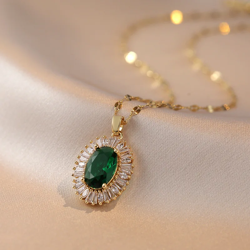 European-Oval-Pink-Green-Stone-Flower-Pendant-Clavicle-Necklaces-For ...