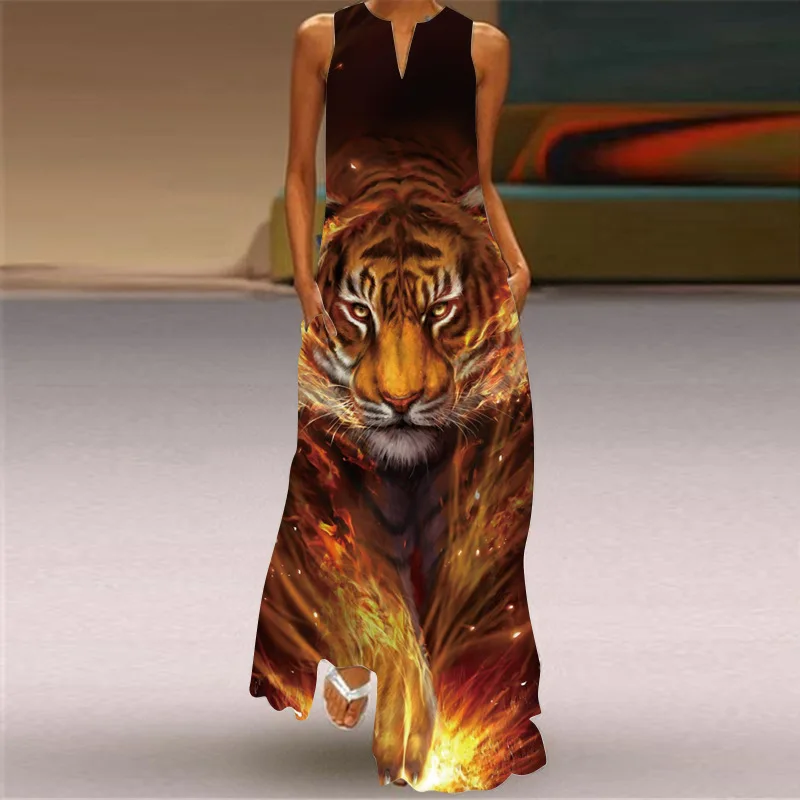 Tiger Dress Women Fashion Party Evening Dresses Peacock Print Dress ...