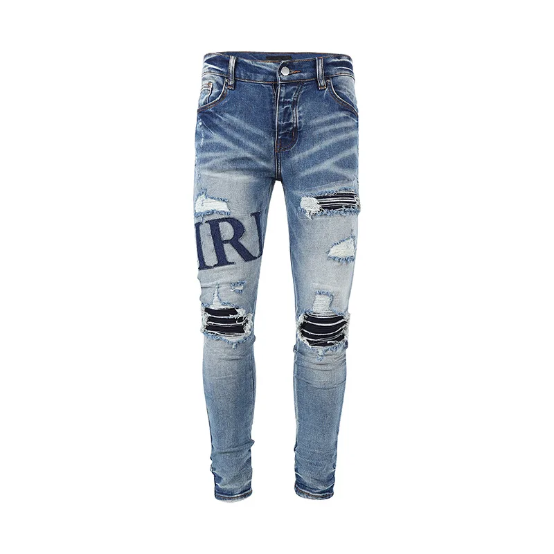 New Arrivals Man Fashion Letter Patch Ripped Jeans For Men Ripped Patch ...