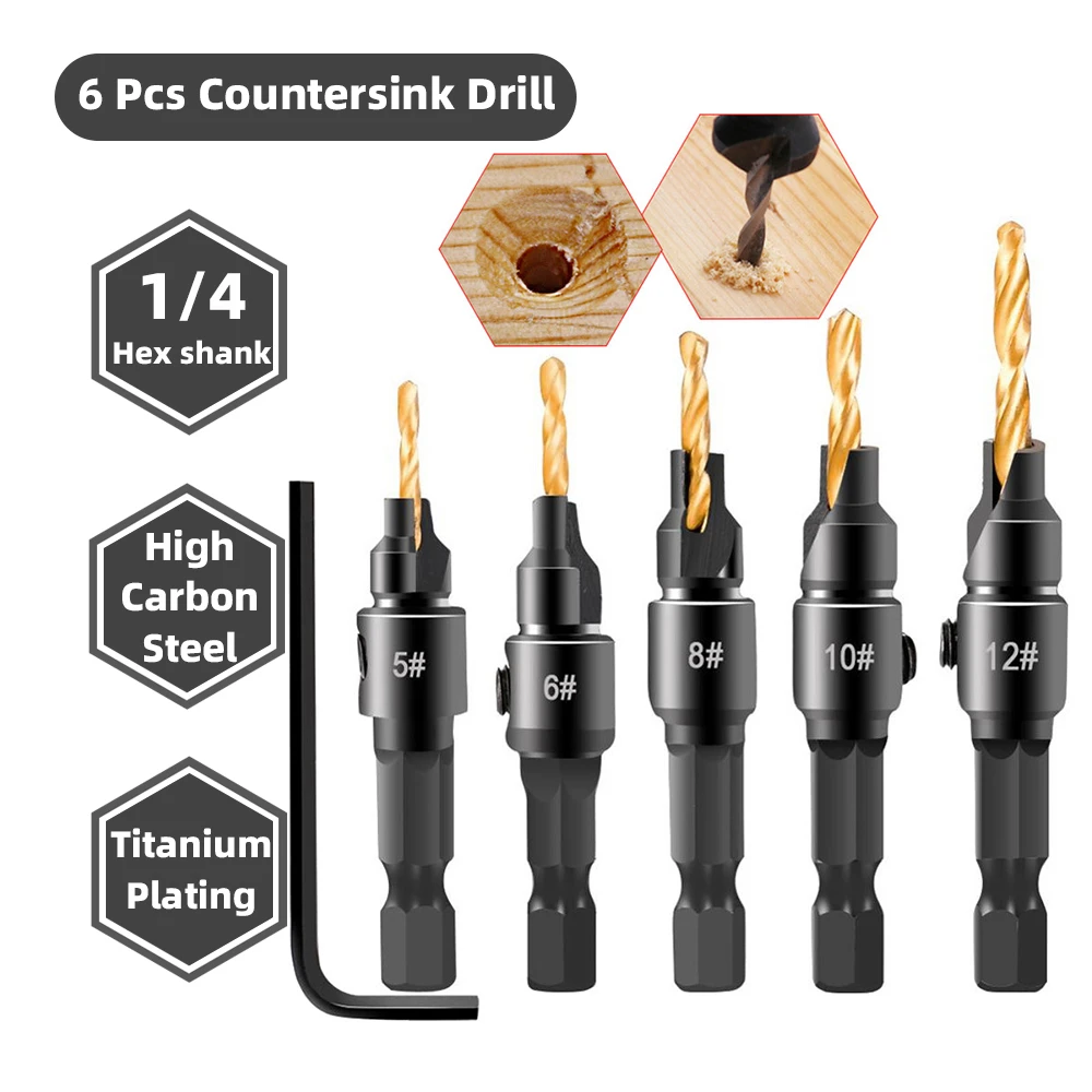 6Pcs Countersink Drill Woodworking Carpentry Tool Metal Drill Bit Set ...