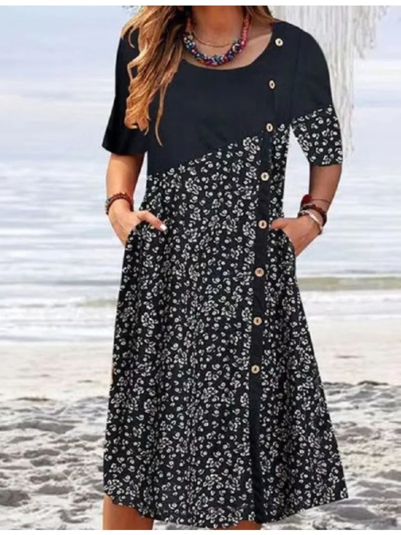 Women-s-Fashionable-Retro-Printed-Two-color-Patchwork-Single-Row-Button ...