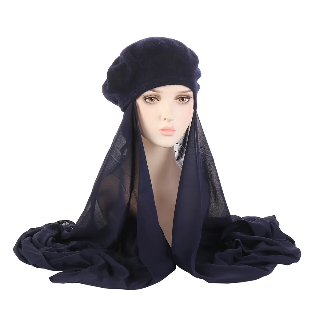 Muslim Women Chiffon Hijab Headscarf With Beret Cap Soft Bonnet Islamic ...
