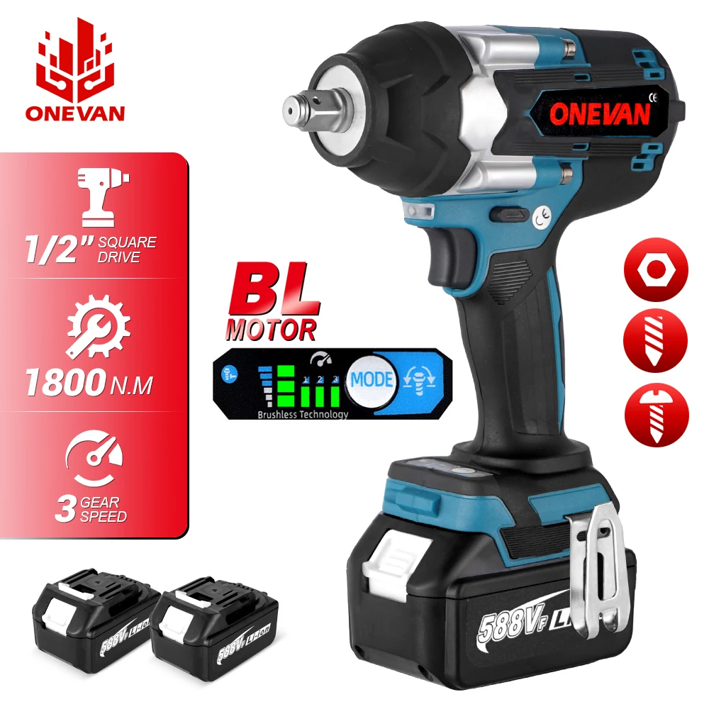 Onevan 1800n.m Torque Brushless Electric Impact Wrench Cordless ...