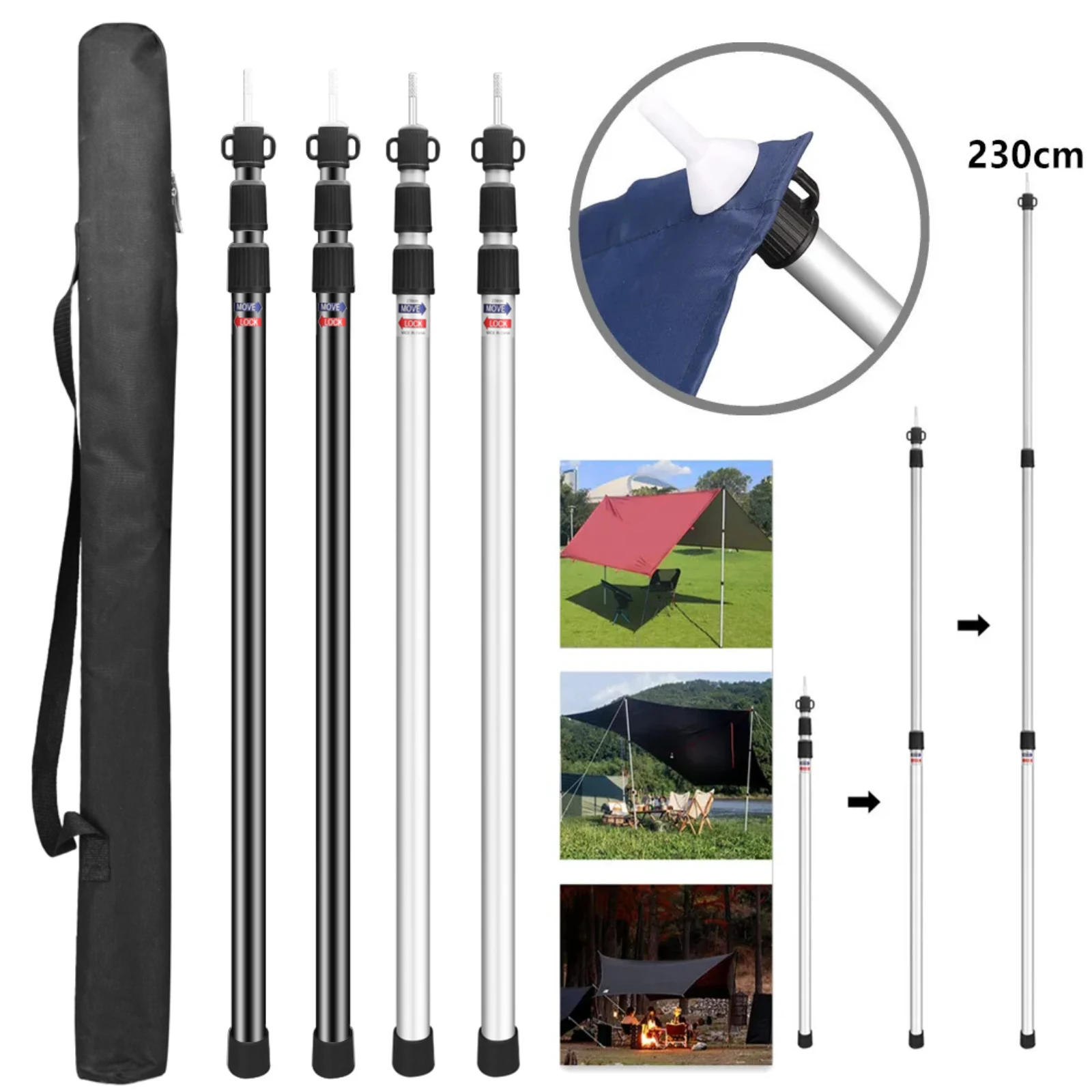 Adjustable Camping Tent Support Poles Beach Shelter Tarp Awning Rods ...