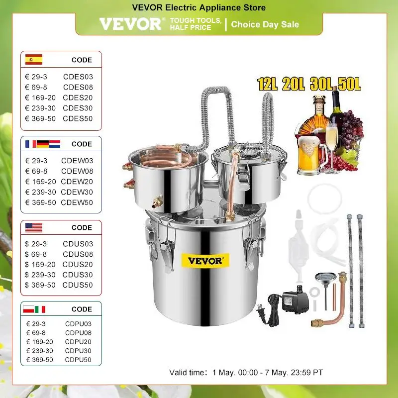 VEVOR-12L-20L-30L-50L-Alcohol-Brewing-Distiller-DIY-Moonshine-Apparatus-Stainless-Steel-Still ...