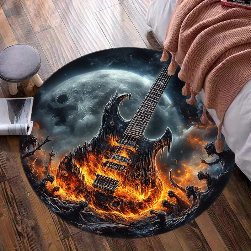 Flaming Guitar Moon Night Round Rug Plush Floor Mat Rock Music Band ...