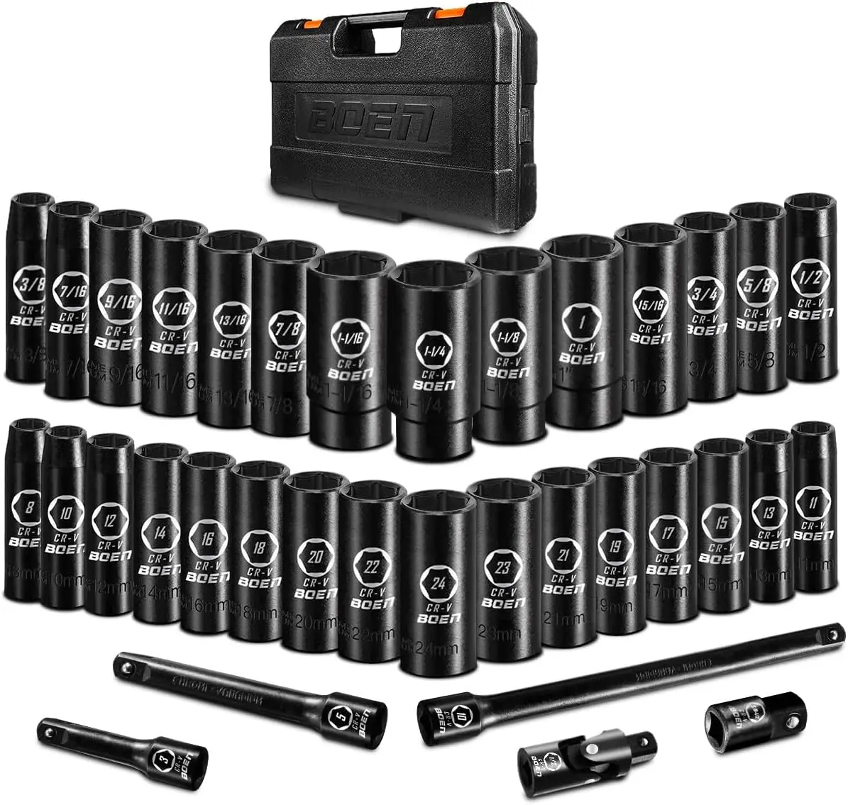 BOEN 35PCS 1/2” Drive Impact Socket Set, Deep SAE(3/8"-1-1/4") & Metric ...