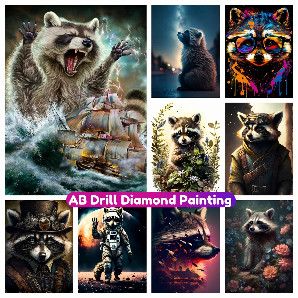 Monster-Raccoon-AB-Diamond-Painting-New-Cross-Stitch-Kit-5D-Full-Square ...