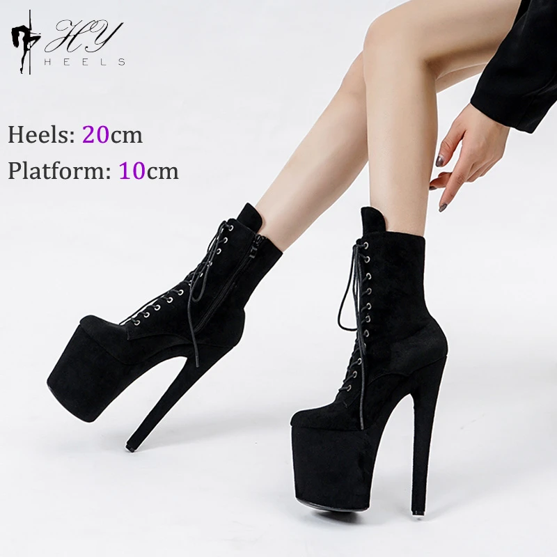 20cm Sexy Black Platform Pole Dance Shoes Stripper Heels Suede Ankle ...