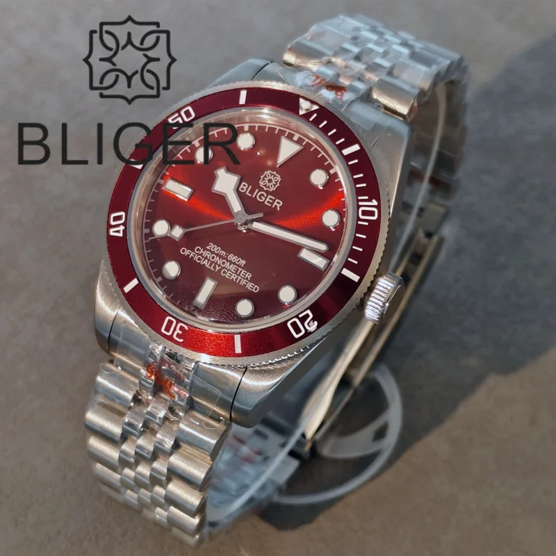 BLIGER 39mm Classic Wine Red Diver Watch For Men NH35 Mechanical Domed ...