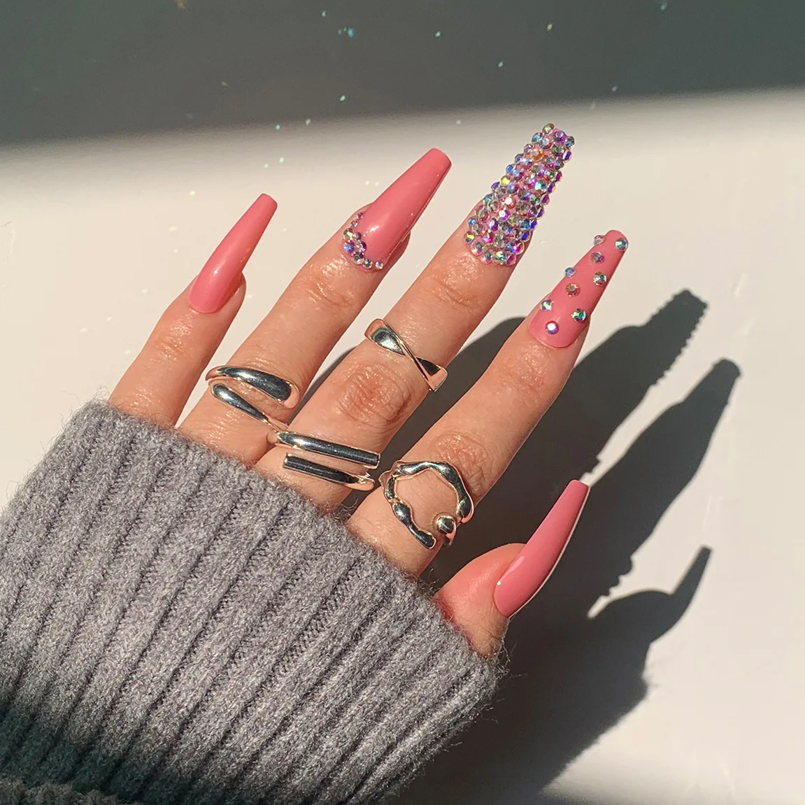 Full-Diamond-Series-Stick-on-Nails-Pink-Wearable-24pcs-Box-Long-Coffin ...