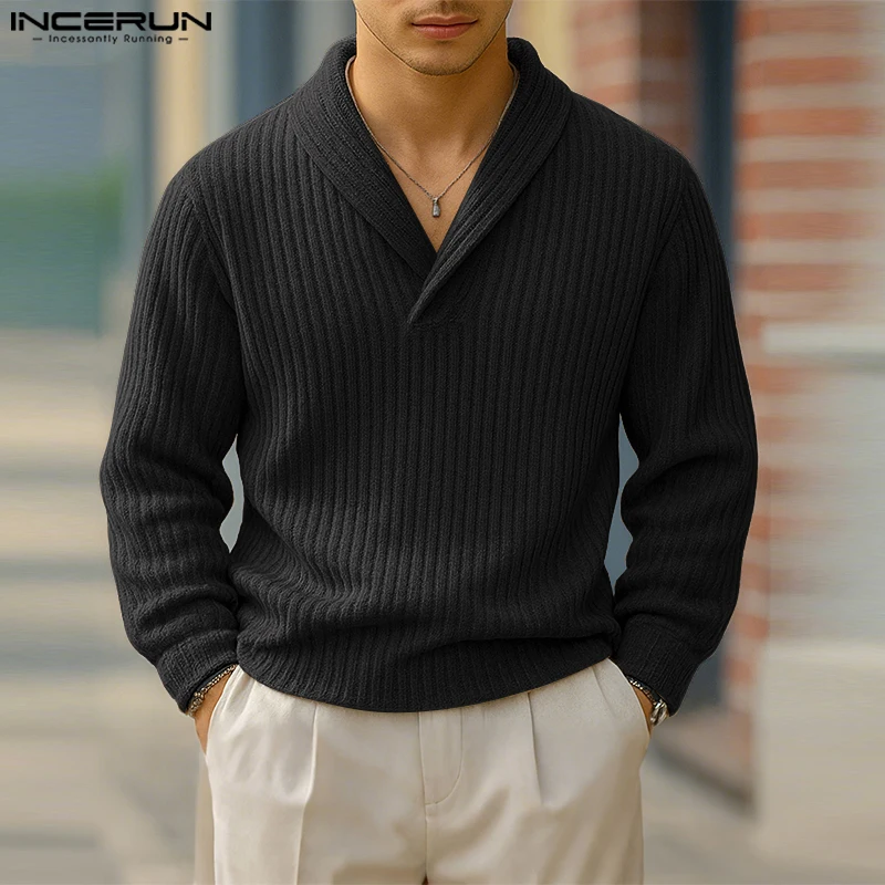 INCERUN Men Sweater Solid Color Knitted Lapel Long Sleeve Male ...