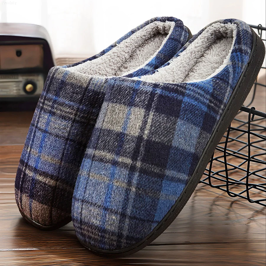 House-Slippers-For-Men-Warm-Memory-Foam-Plaid-Bedroom-Shoes-Indoor-Soft ...