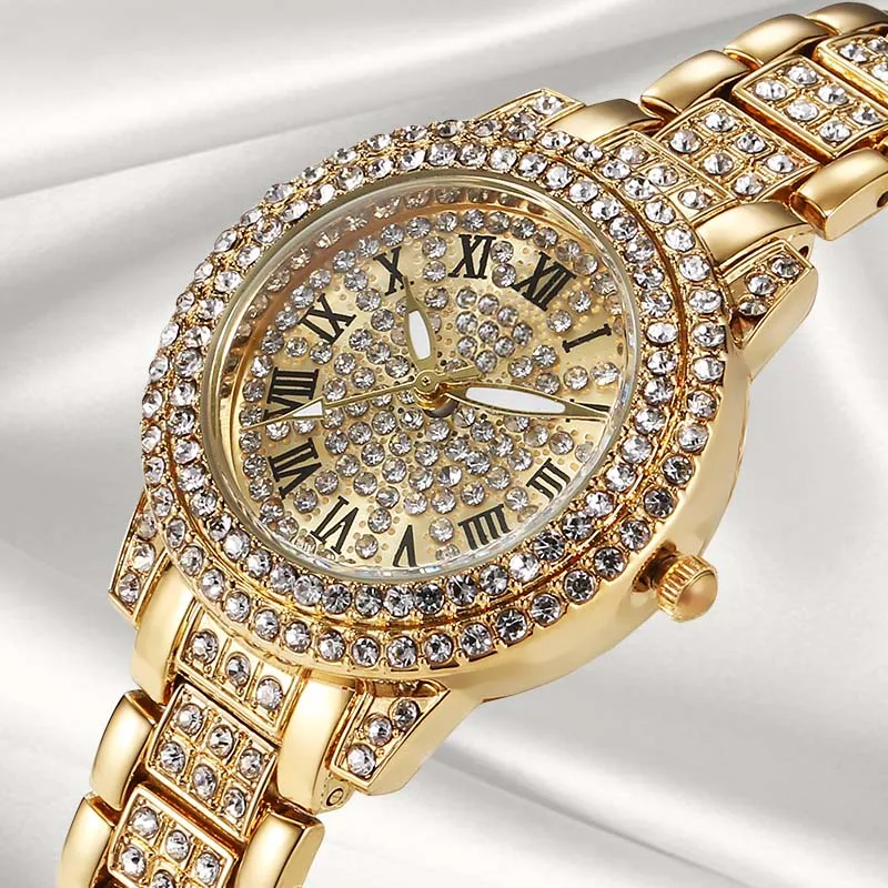 Shining Diamond Watch Luxury Women Brand Quartz Gold Bracelet Watches ...