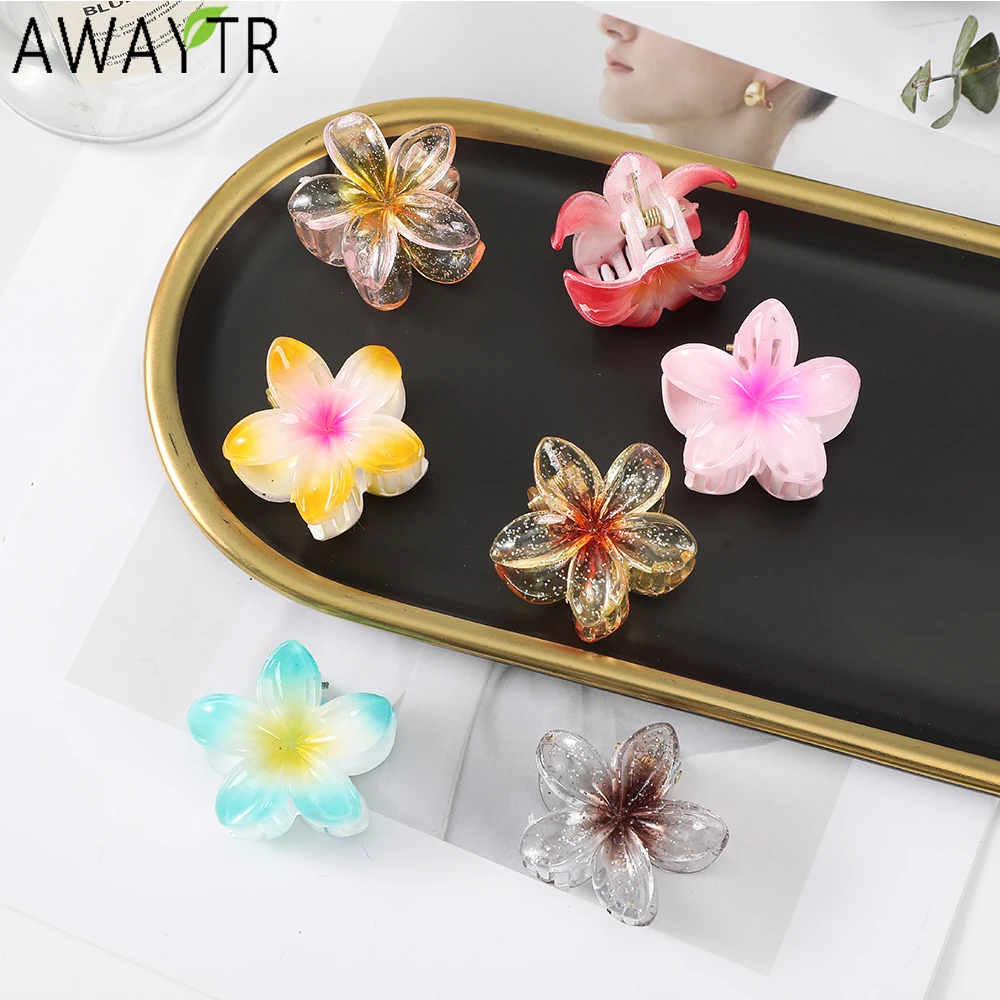 AWAYTR 2PCs Hawaiian Hair Claws Plastic Flower Hair Clips Crab For ...