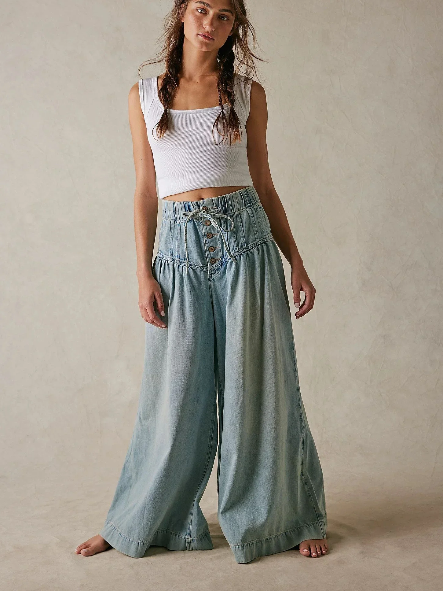 Canwedance Free Style Full Length Jeans Mid Waist Boho Folds Cotton ...