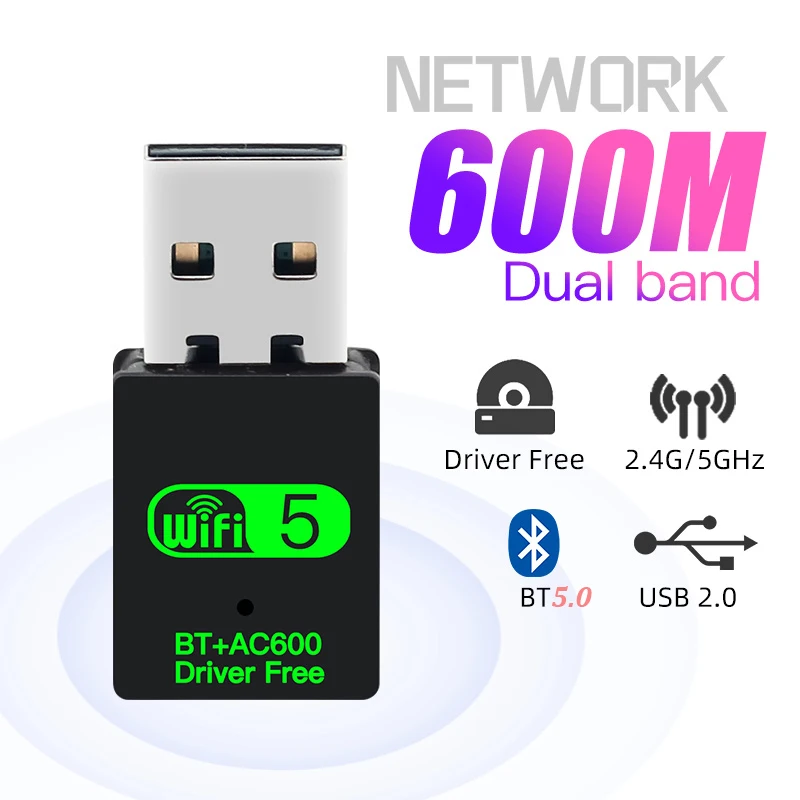 600Mbps USB WiFi Bluetooth 5.0 Adapter 2in1 Dongle Dual Band 2.4G&5GHz ...
