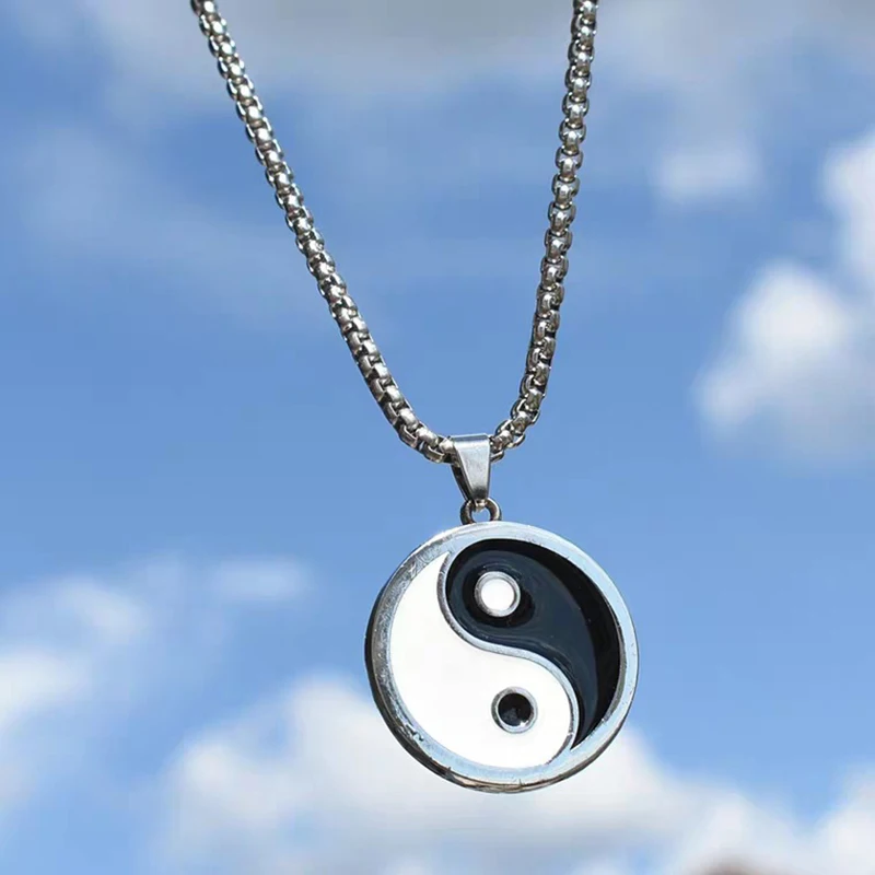 Colar de aço inoxidável do punk estilo chinês yin yang tai chi pingente ...