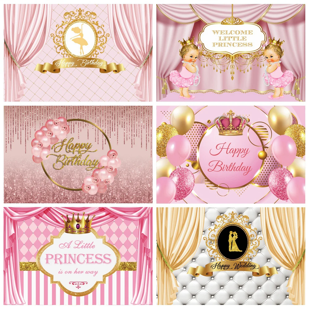 Princess Backdrop For Photography Gold Crown Pink Curtain Birthday ...