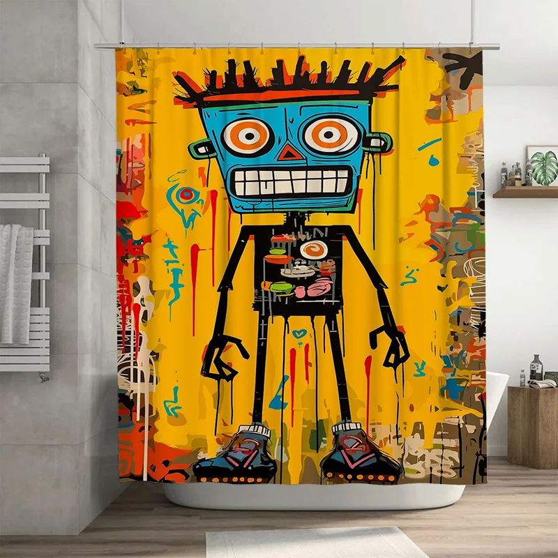Abstract Robot Bathroom Decor Shower Curtain Cool Blue Red Yellow ...