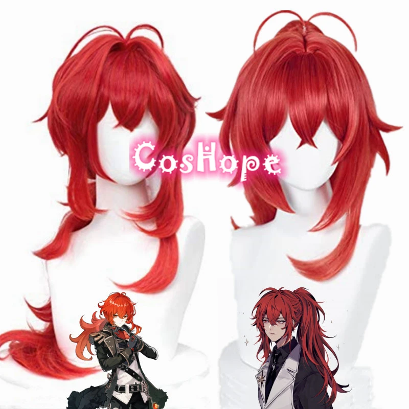Genshin Impact Diluc Cosplay 60cm Long Red Wig Cosplay Anime Cosplay ...