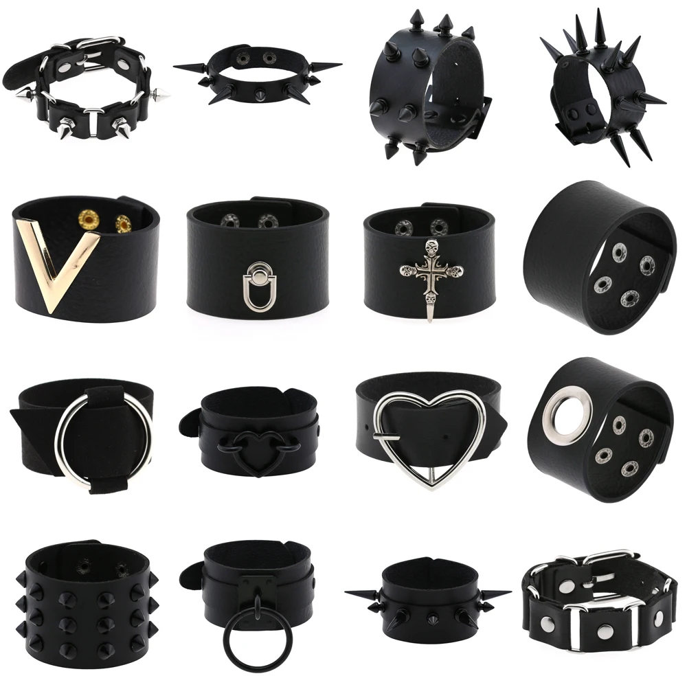 Pulseras-g-ticas-negras-para-mujer-brazaletes-Punk-Boho-Emo-remaches-de ...