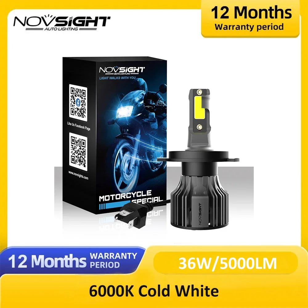 NOVSIGHT H4 LED Headlight For Motorcycle H4 9003 HB2 6000K 5000LM 12V ...