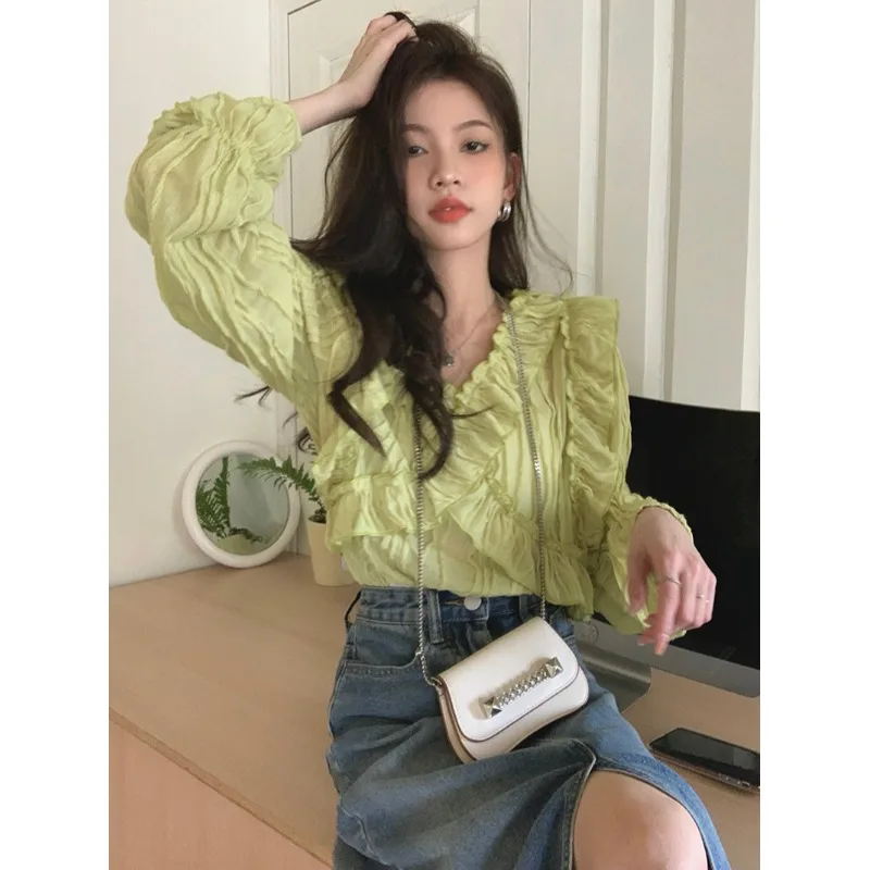 프렌치 젠틀 디자인 센스 틈새 디자인 러플 긴팔 셔츠 여성용 스위트 시크 한국 시리즈 시크 최고 패션 초봄