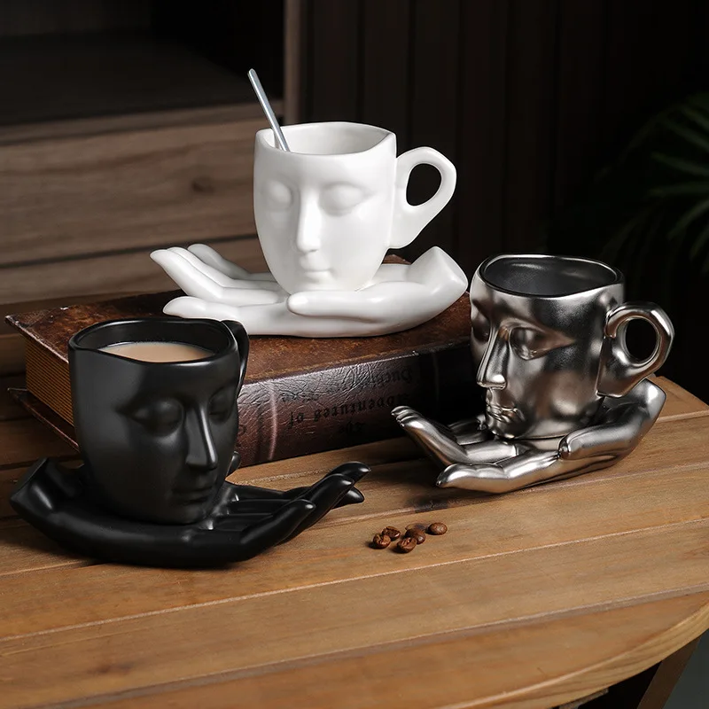 260ML Retro Coffee Cups Creative Ceramic Cups and Saucers Abstract Art ...