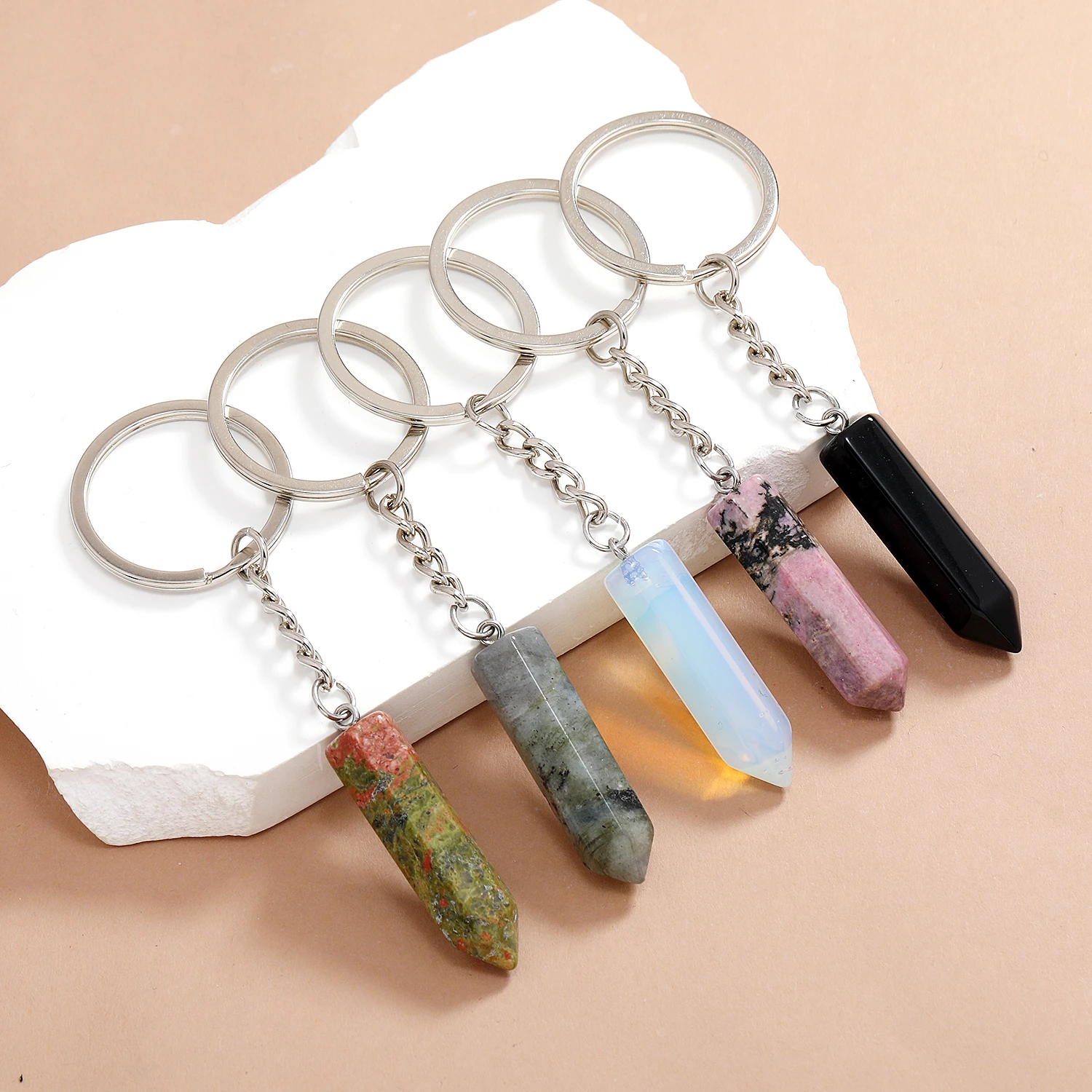 New Crystal Opal Natural Stone Hexagonal Column Shape Pendant Keychain ...