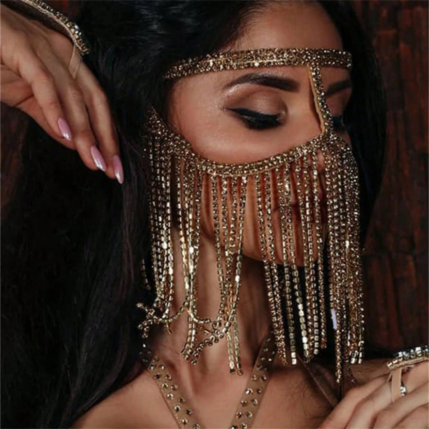Personalized Claw Chain Long Tassel Rhinestone Mask Banquet Party ...