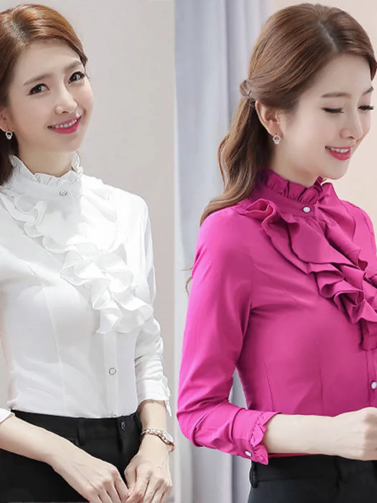 Woman Chic Long Sleeve Solid Color Chiffon Commuter Blouses Casual ...
