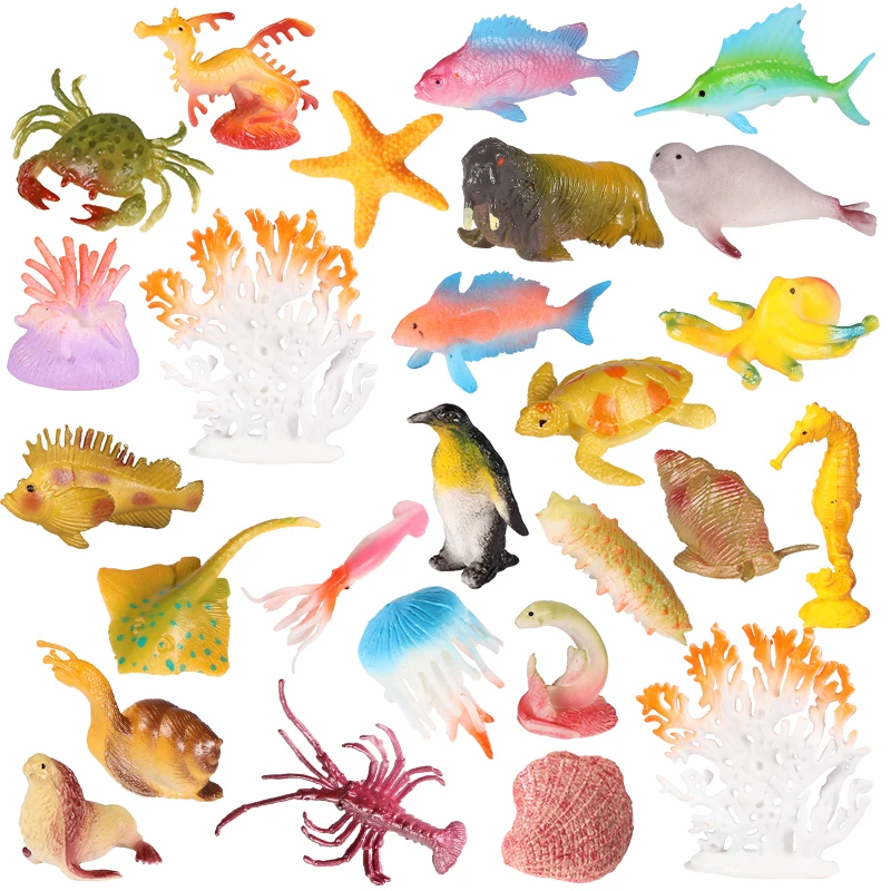 26pcs Mini Ocean Sea Life Set Animals Model Crab Squid Conch Starfish ...