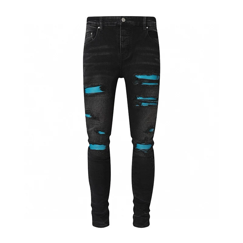 Designer street fashion boutique men's retro black ripped blue patch ...