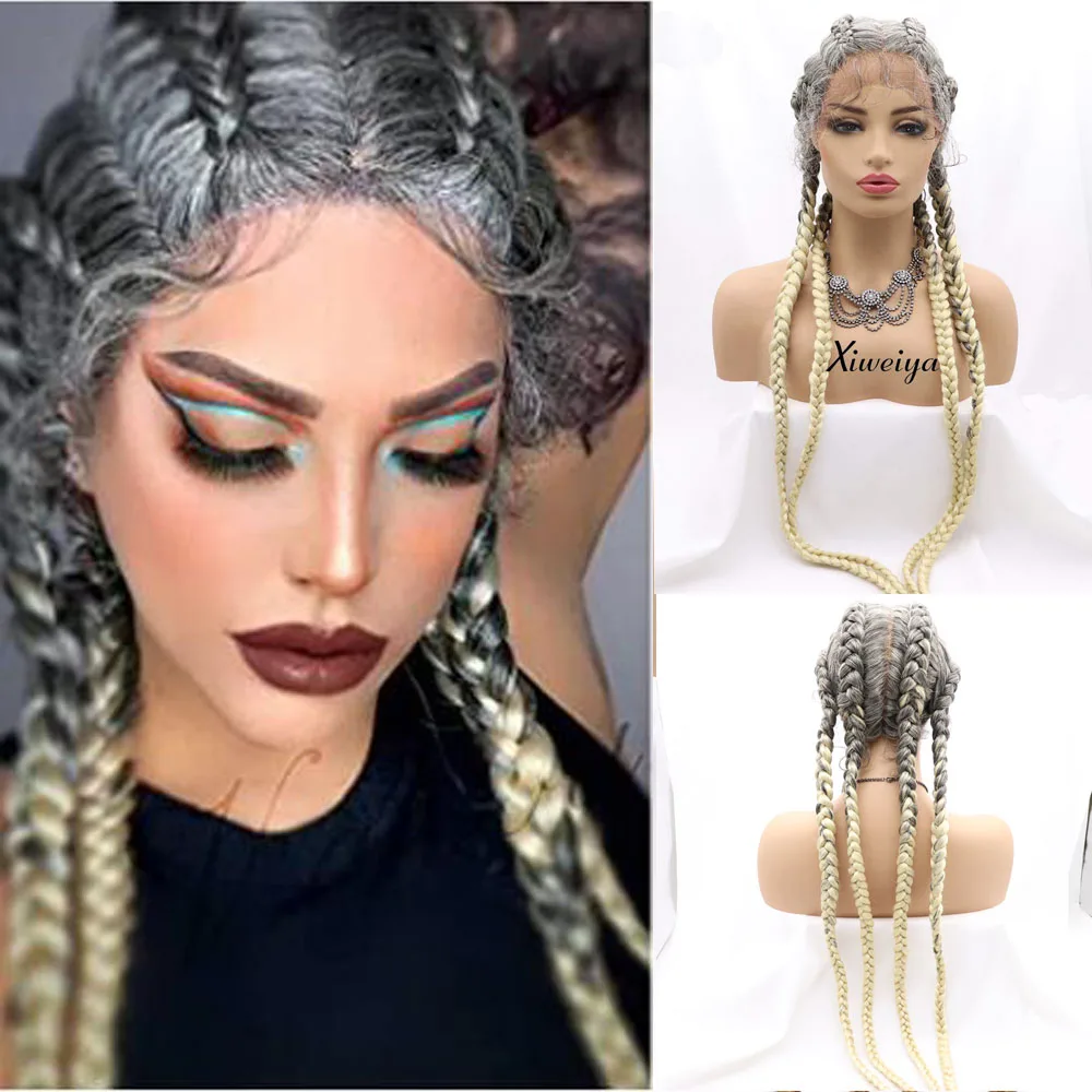 Xiweiya 36" Dutch Braid Lace Wig Platinum Blonde Cornrow 4 Box Braids ...