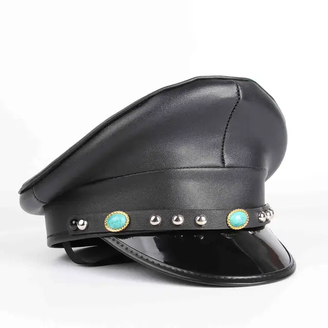 100% Leather Military Hat Men Women Punk Black Army Hat Cortical ...