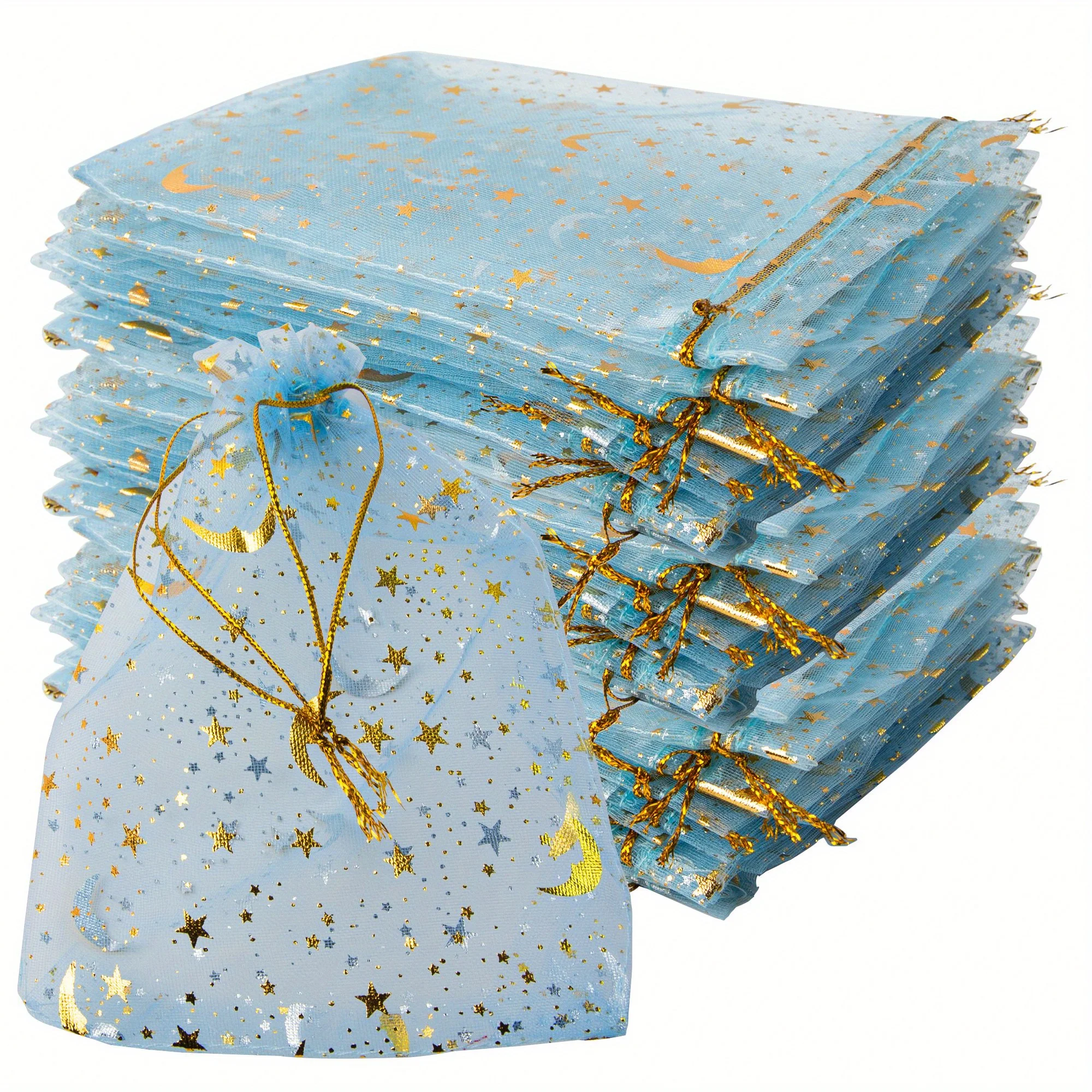 50PCS Light Blue Moon Stars Drawstring Organza Bags Jewelry Gift Bags ...
