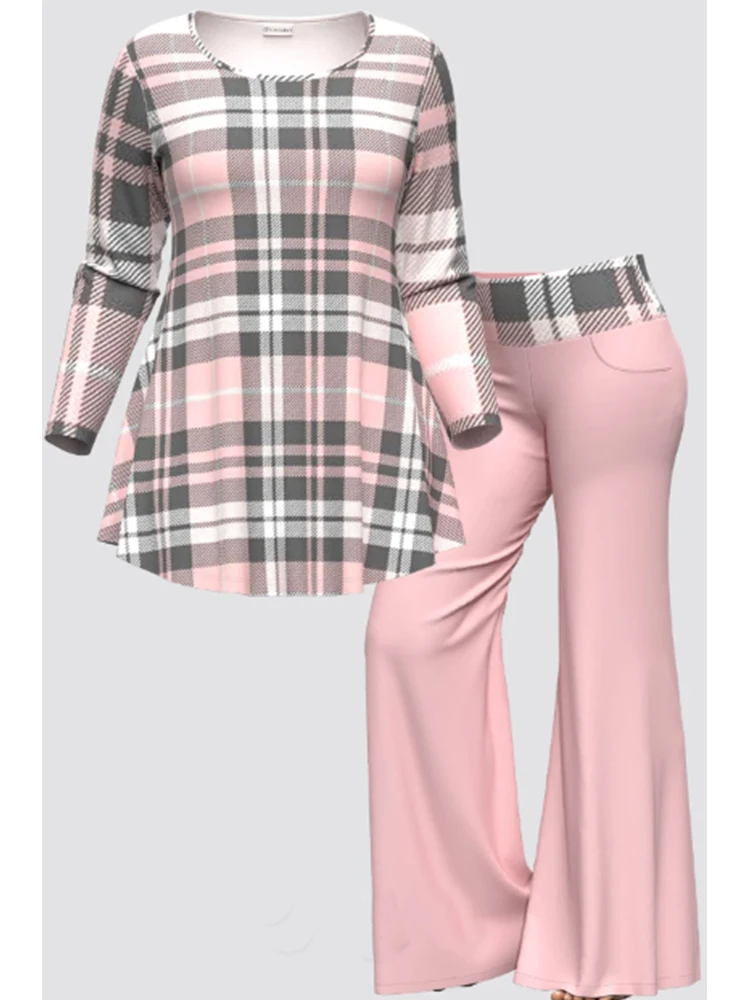 Women-Plaid-Matching-Set-Flare-Pant-and-Round-Neck-T-Shirt-Two-Piece ...