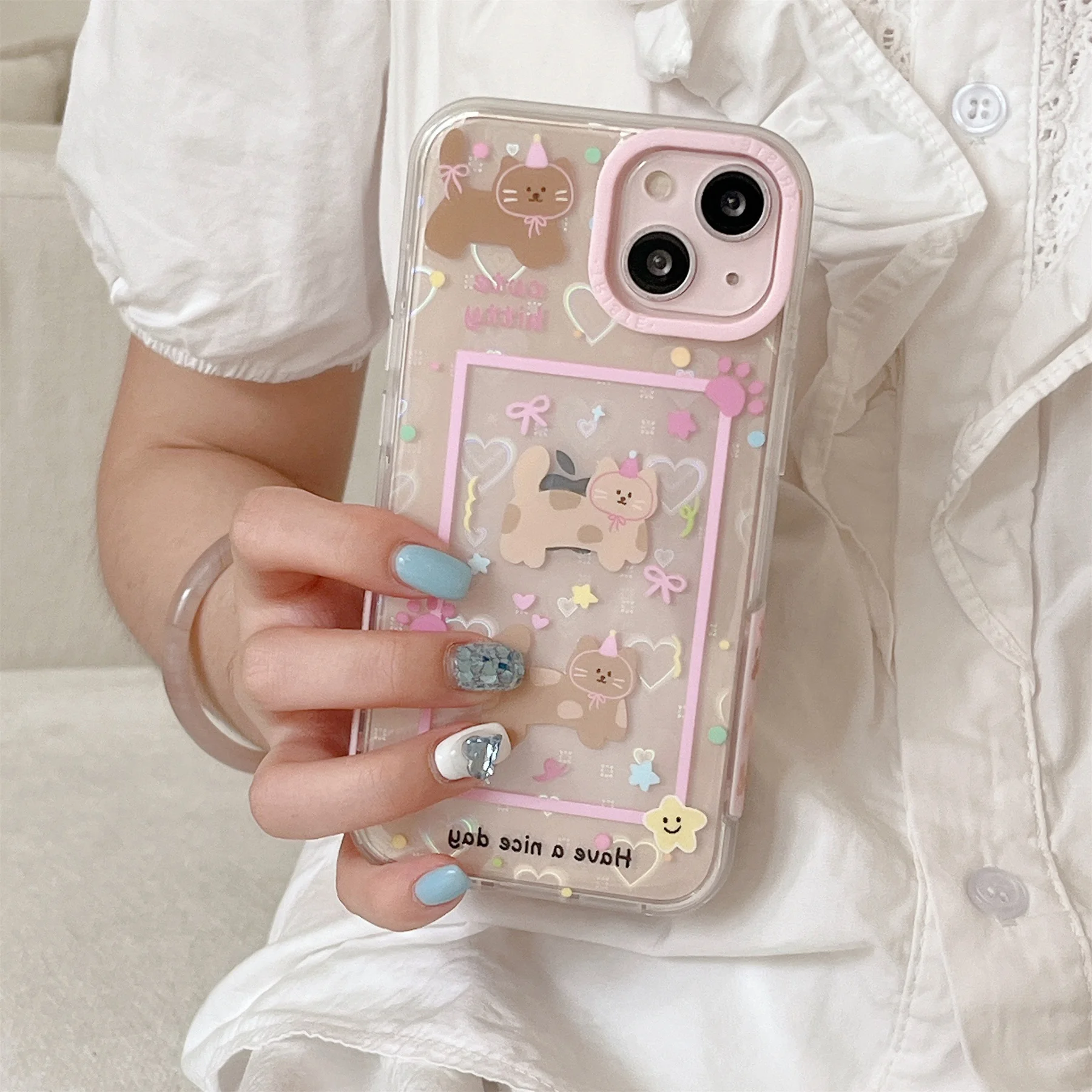 Korean-Kawaii-Transparent-Love-Heart-Cat-Star-Bow-Pink-Phone-Case-for ...